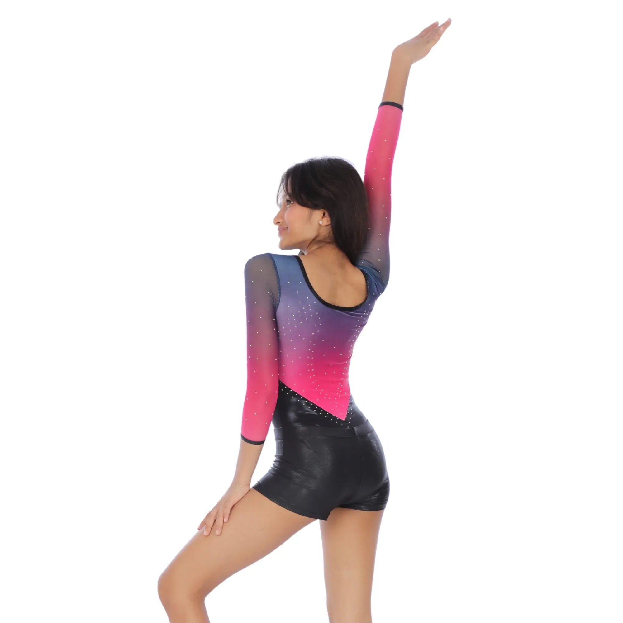 Blue Pink Ombre Long Sleeves Rhinestone Leotard With Shorts - IKAANYA