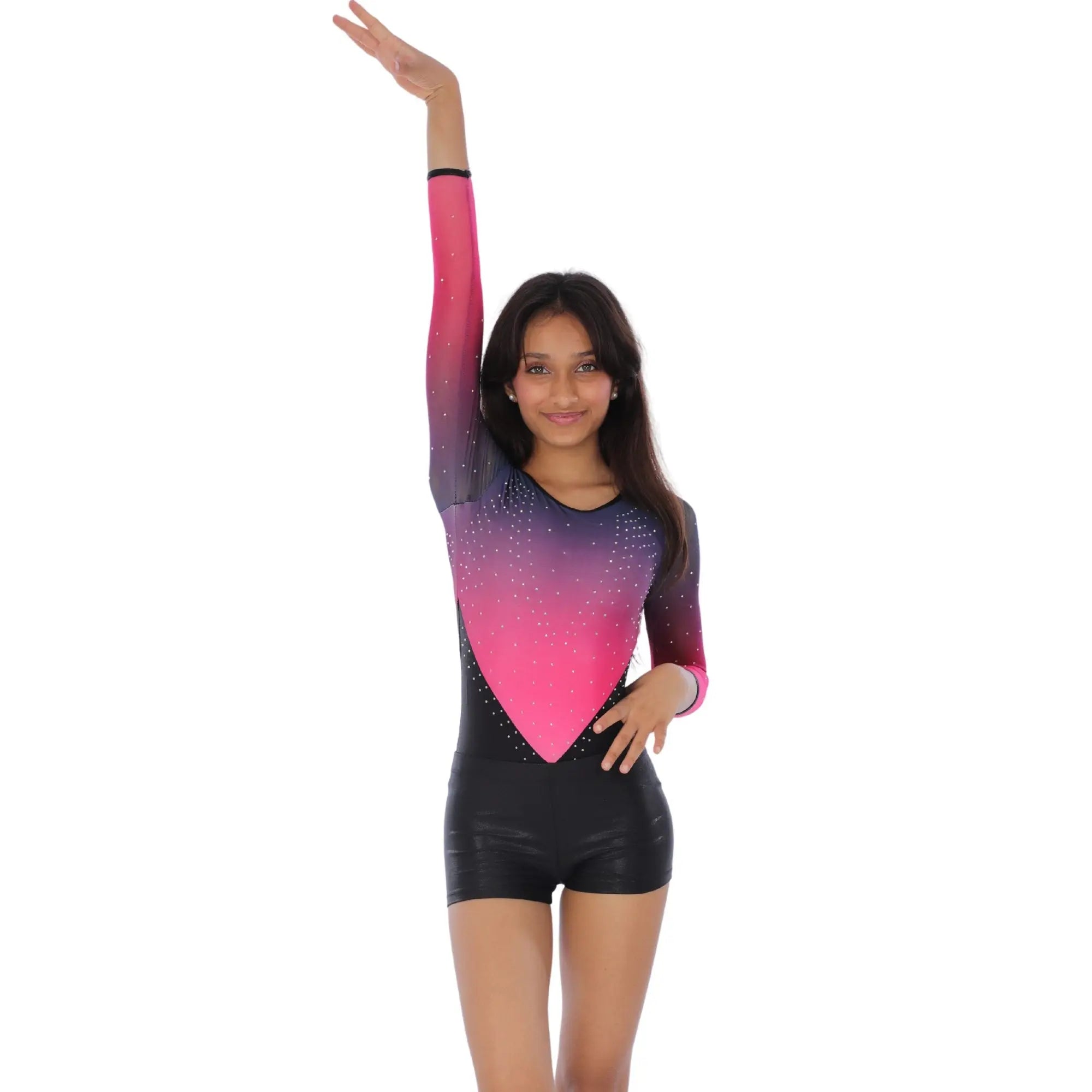 Blue Pink Ombre Long Sleeves Rhinestone Leotard With Shorts - IKAANYA
