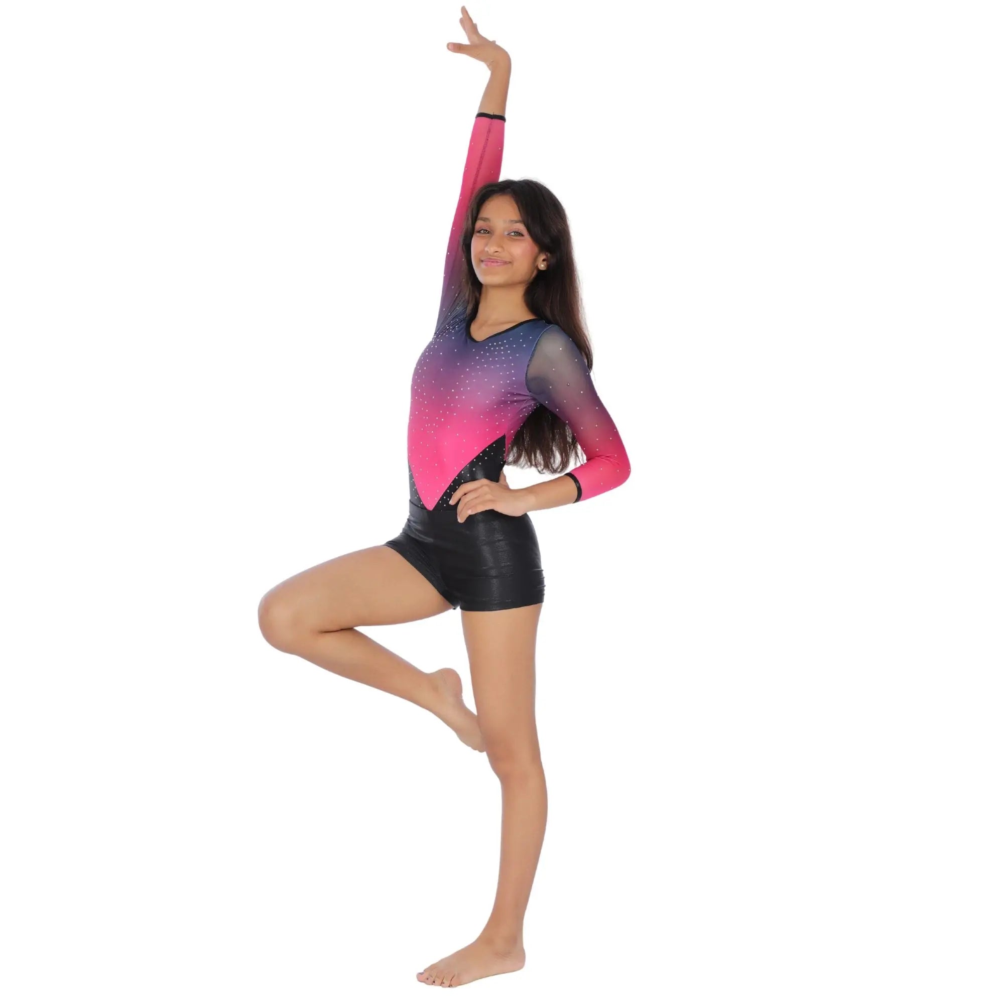 Blue Pink Ombre Long Sleeves Rhinestone Leotard With Shorts - IKAANYA