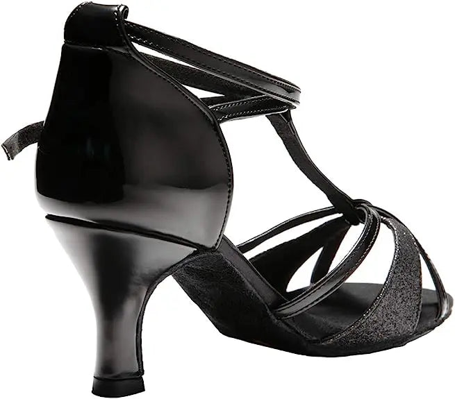 Latin Ballroom T-strap Dance Salsa shoes with Glitter Satin - IKAANYA